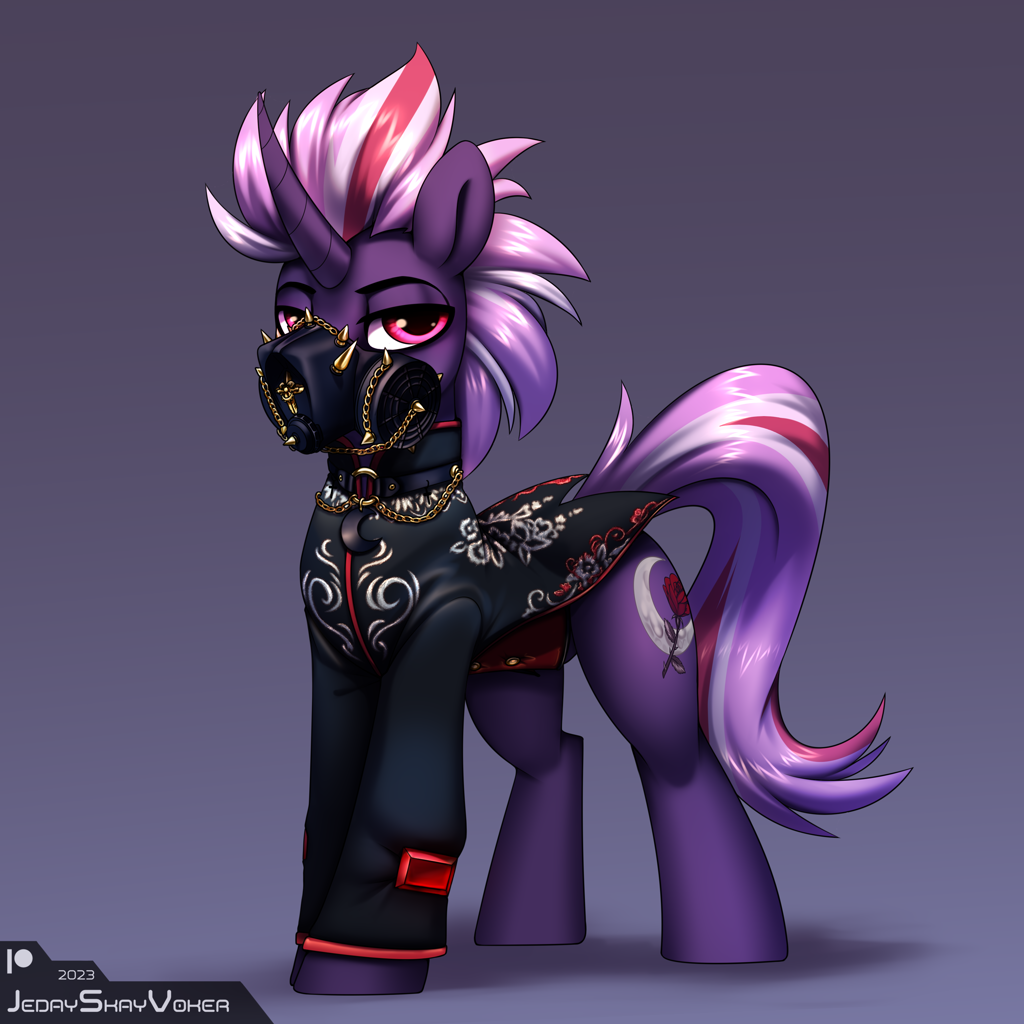 #3199225 - safe, artist:jedayskayvoker, oc, oc:crystal blood, pony, unicorn, chains, clothes ...