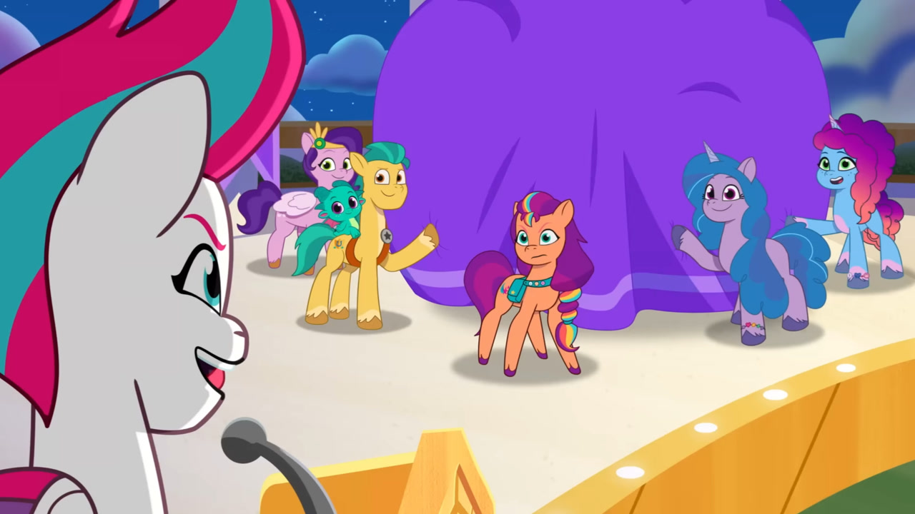 #3193422 - safe, screencap, hitch trailblazer, izzy moonbow, misty brightdawn, pipp petals ...