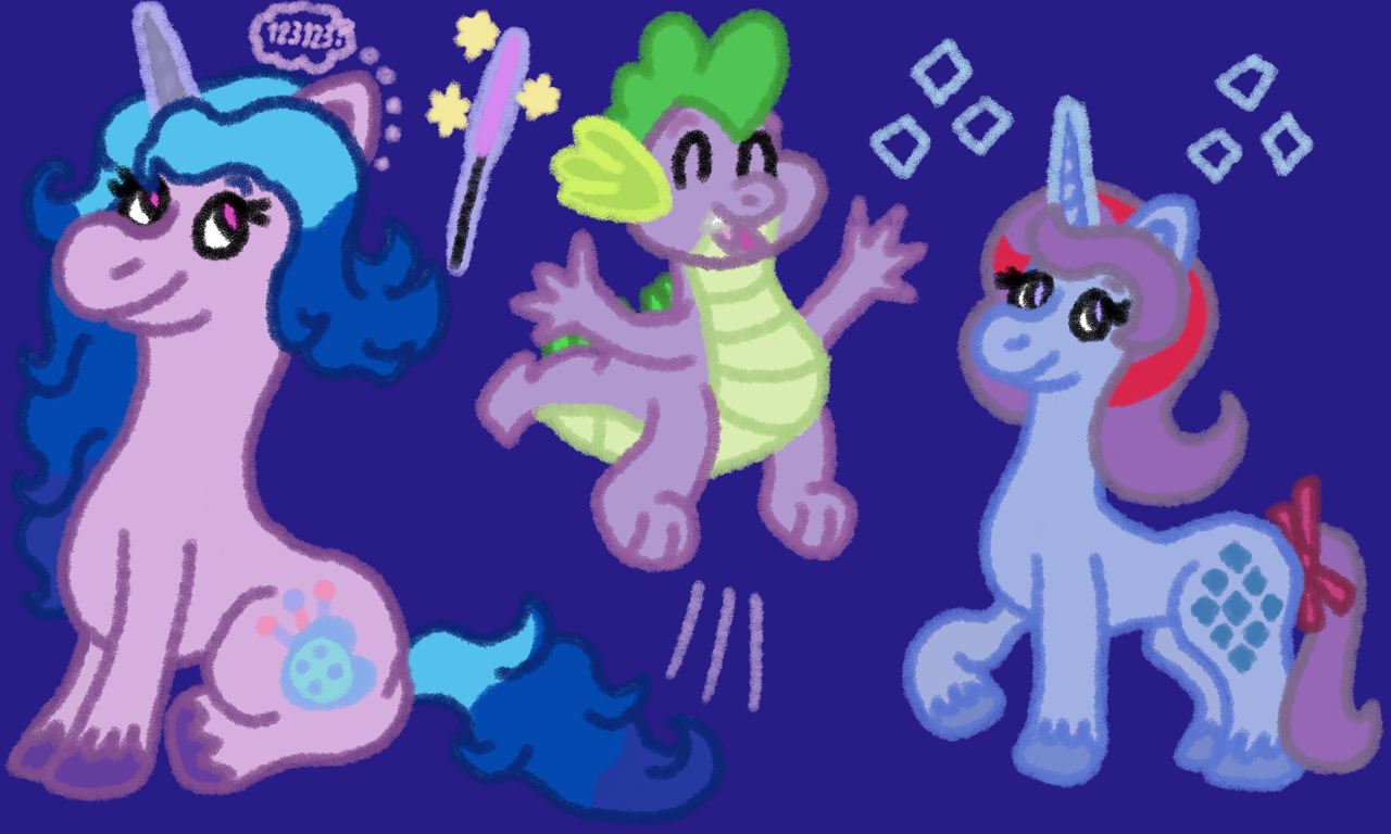 #3272602 - safe, artist:mintwhistle, izzy moonbow, sparkler (g1), spike ...