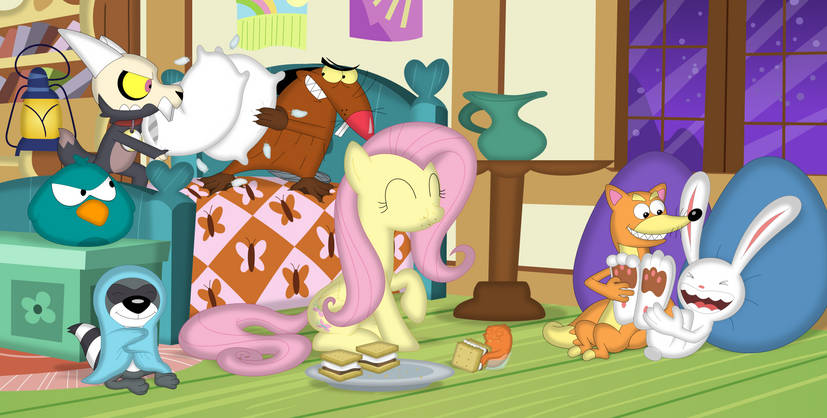 #3278216 - safe, artist:porygon2z, fluttershy, beaver, bird, fish, fox ...