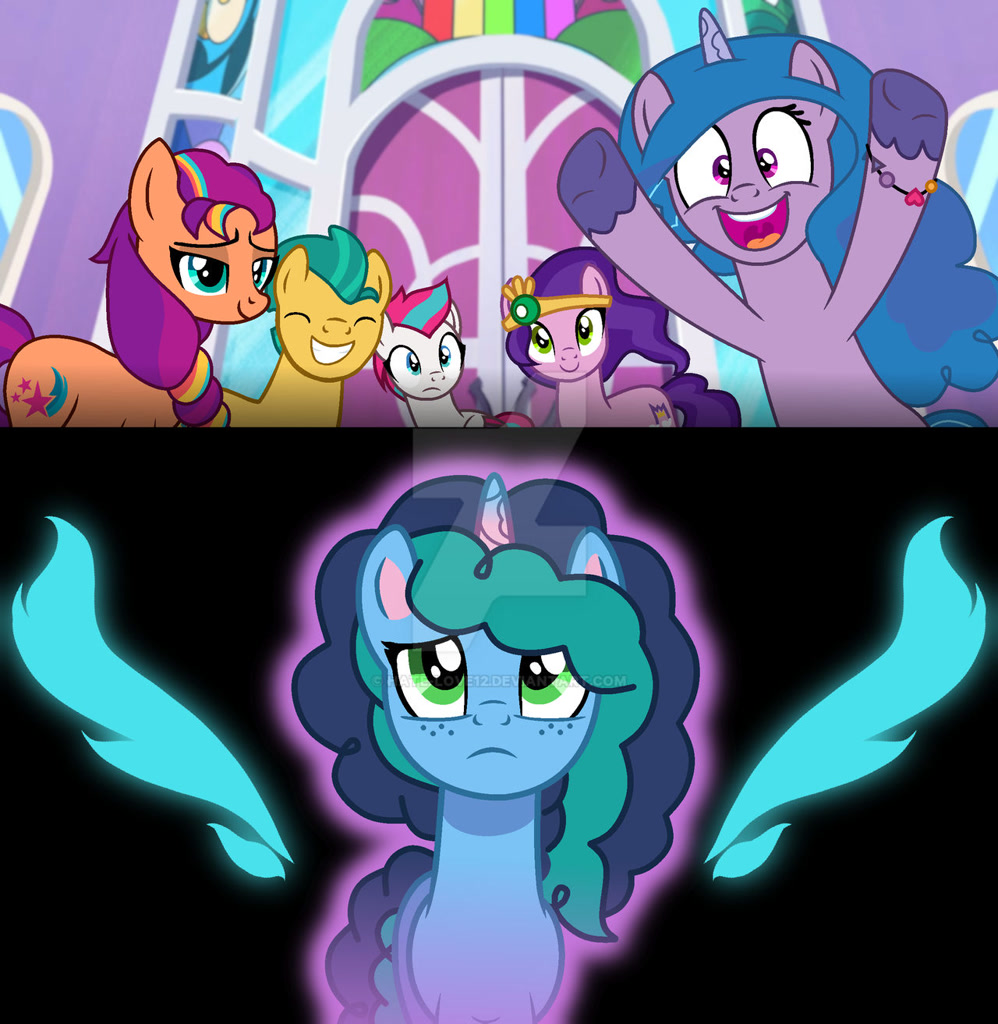 #3282475 - safe, artist:hate-love12, hitch trailblazer, izzy moonbow, misty brightdawn, pipp ...