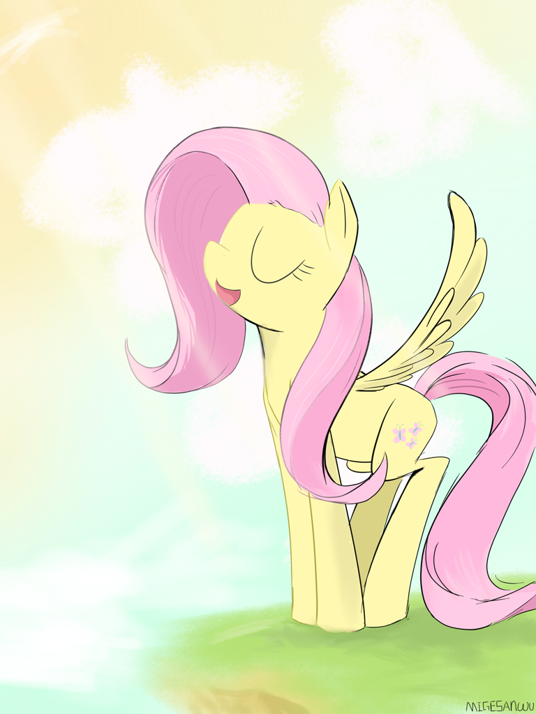 #3454070 - safe, artist:migesanwu, fluttershy, pegasus, pony, cliff, cloud, eyes closed, grass ...