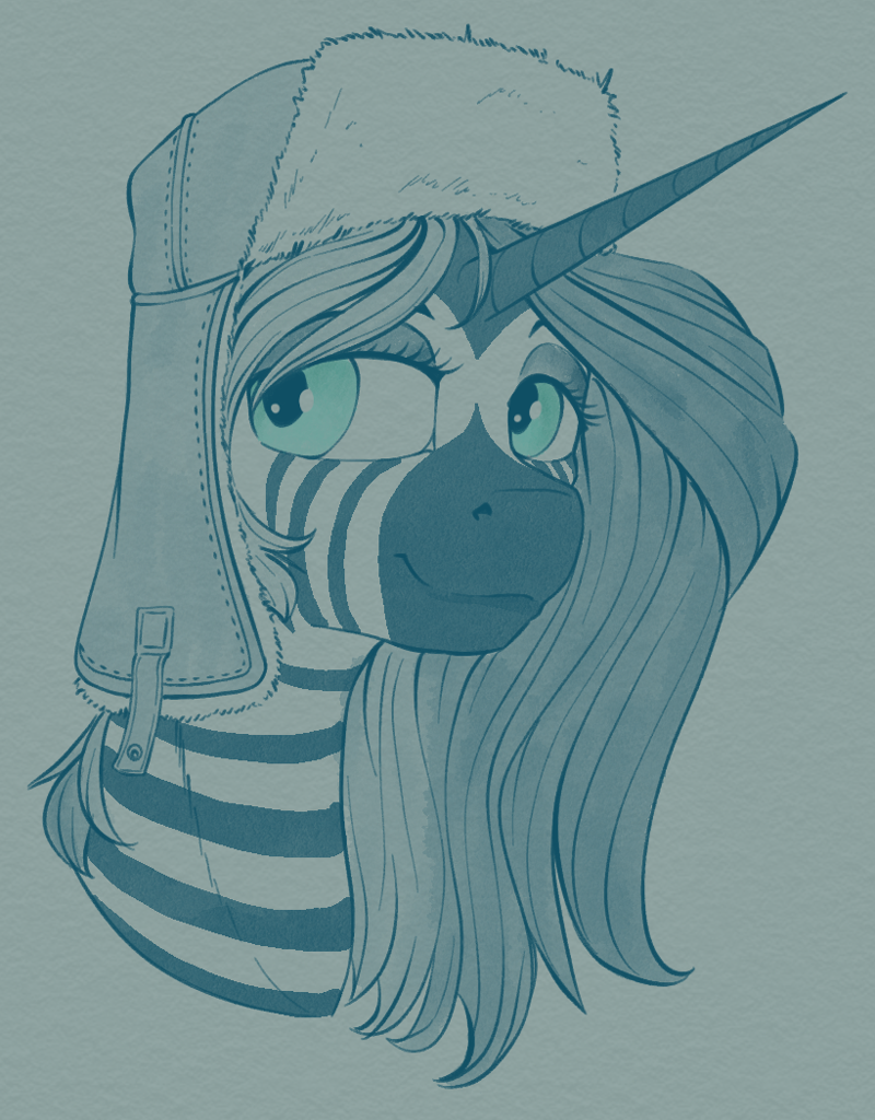 #3487800 - safe, artist:stray prey, oc, oc only, oc:forest glade, unicorn, zebra, hat, horn ...