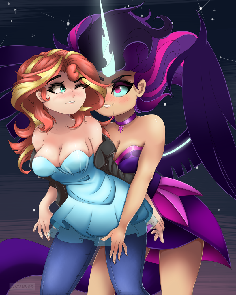 #3478787 - suggestive, artist:natanvok, sci-twi, sunset shimmer, twilight sparkle, human ...