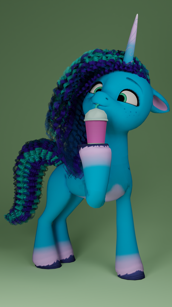 #3506903 - safe, artist:mewtwofan1, misty brightdawn, pony, unicorn, g5, 3d, blender, drink ...