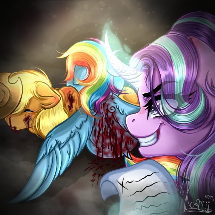 #3501391 - grimdark, artist:kayomii, applejack, rainbow dash, starlight ...