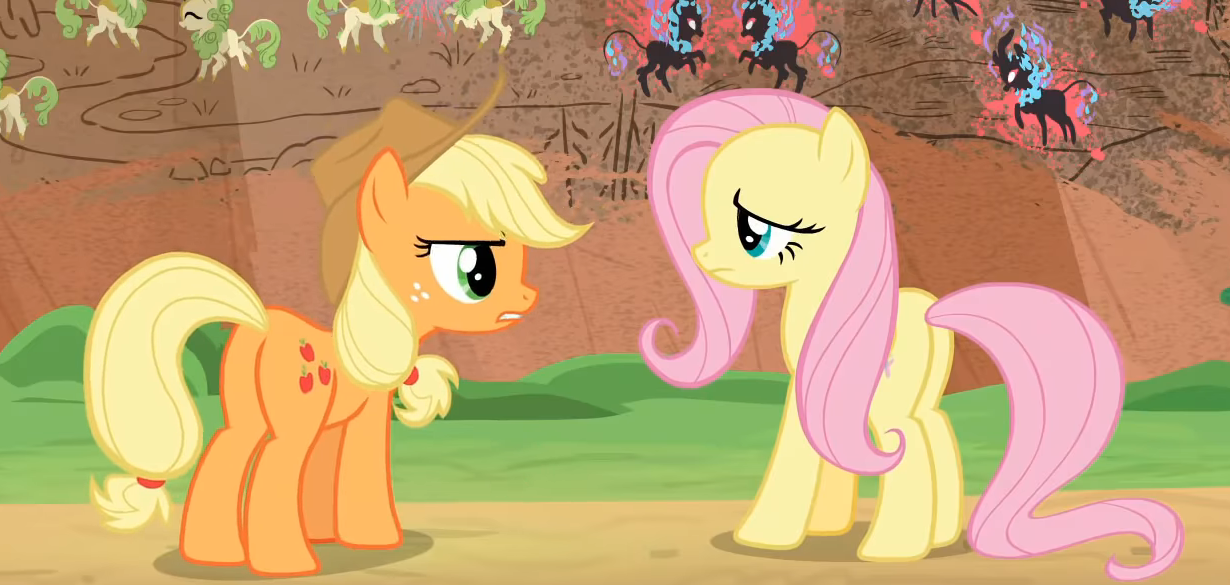 #3291809 - safe, screencap, applejack, fluttershy, earth pony, kirin ...