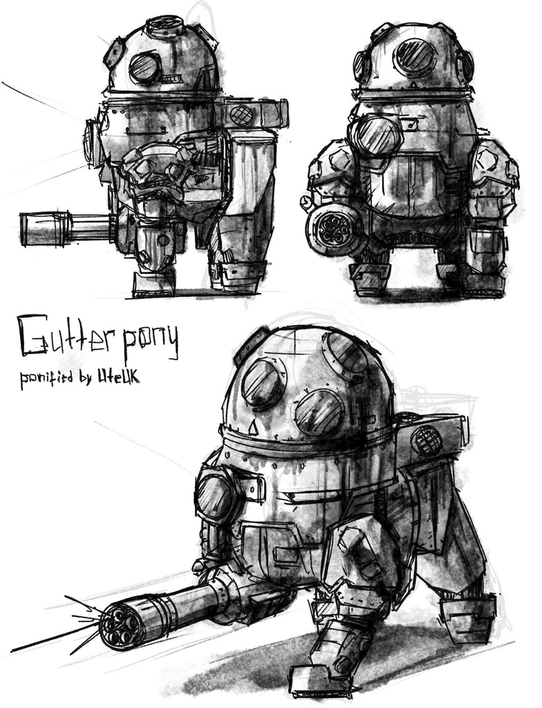 #3302617 - safe, artist:uteuk, pony, robot, robot pony, armor, minigun ...