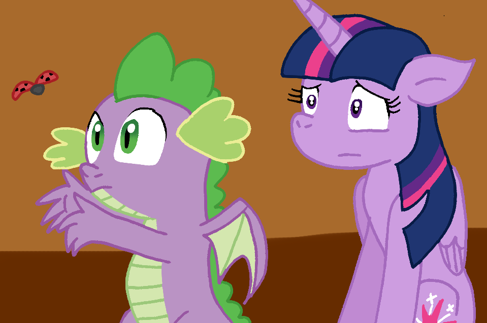 #3312683 - safe, artist:cmara, spike, twilight sparkle, alicorn, dragon, insect, ladybug, duo ...