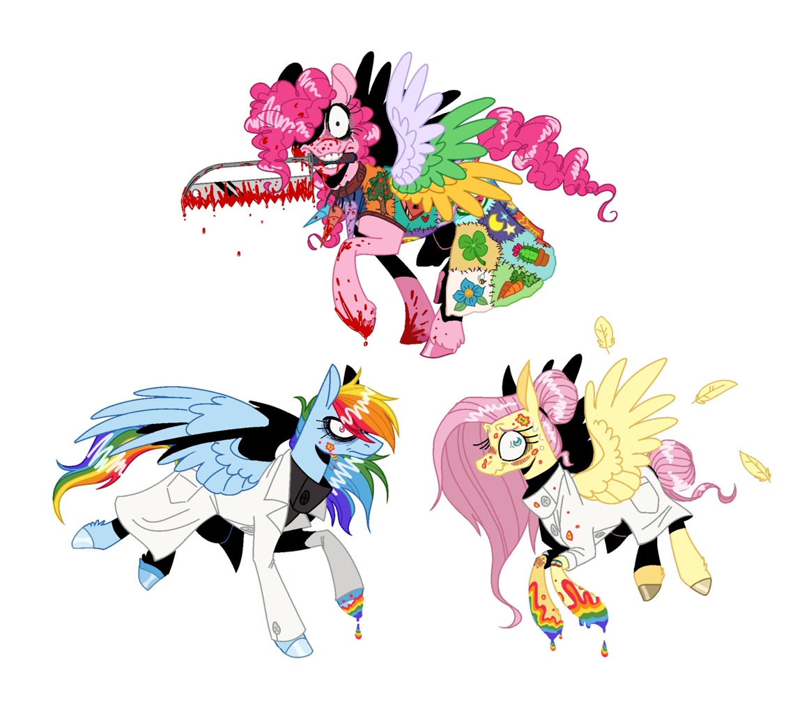 #3295444 - semi-grimdark, artist:haunted_artist, fluttershy, pinkie pie, rainbow dash, earth ...