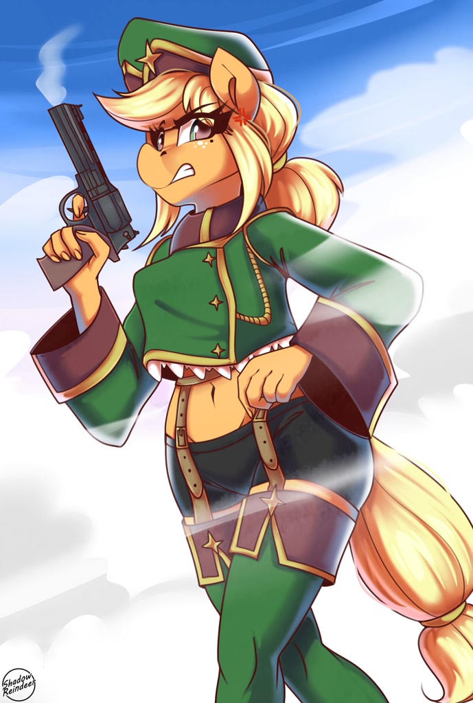 #3296451 - safe, artist:shadowreindeer, applejack, earth pony, anthro, g4, araga kiwi, crossover ...