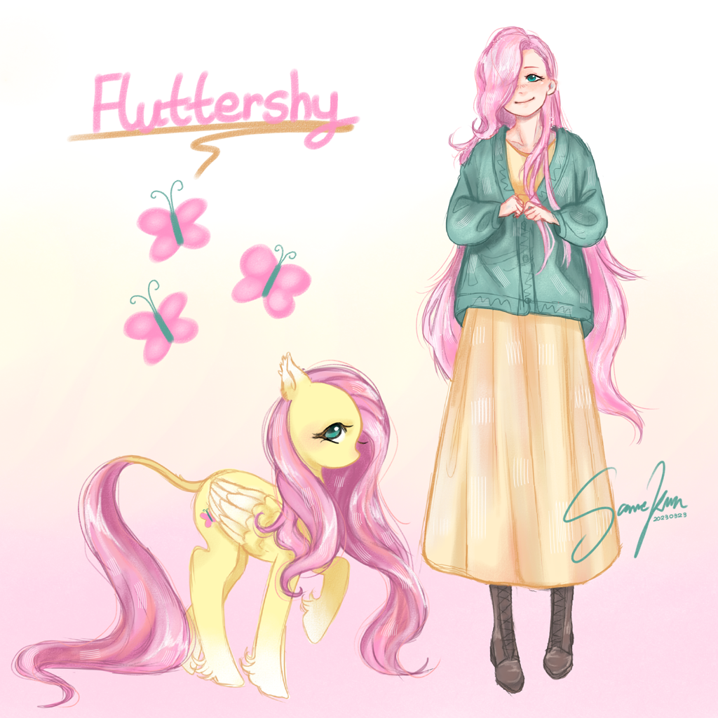 #3328410 - safe, artist:samekun123, fluttershy, human, pegasus, pony, g4, alternate hairstyle ...
