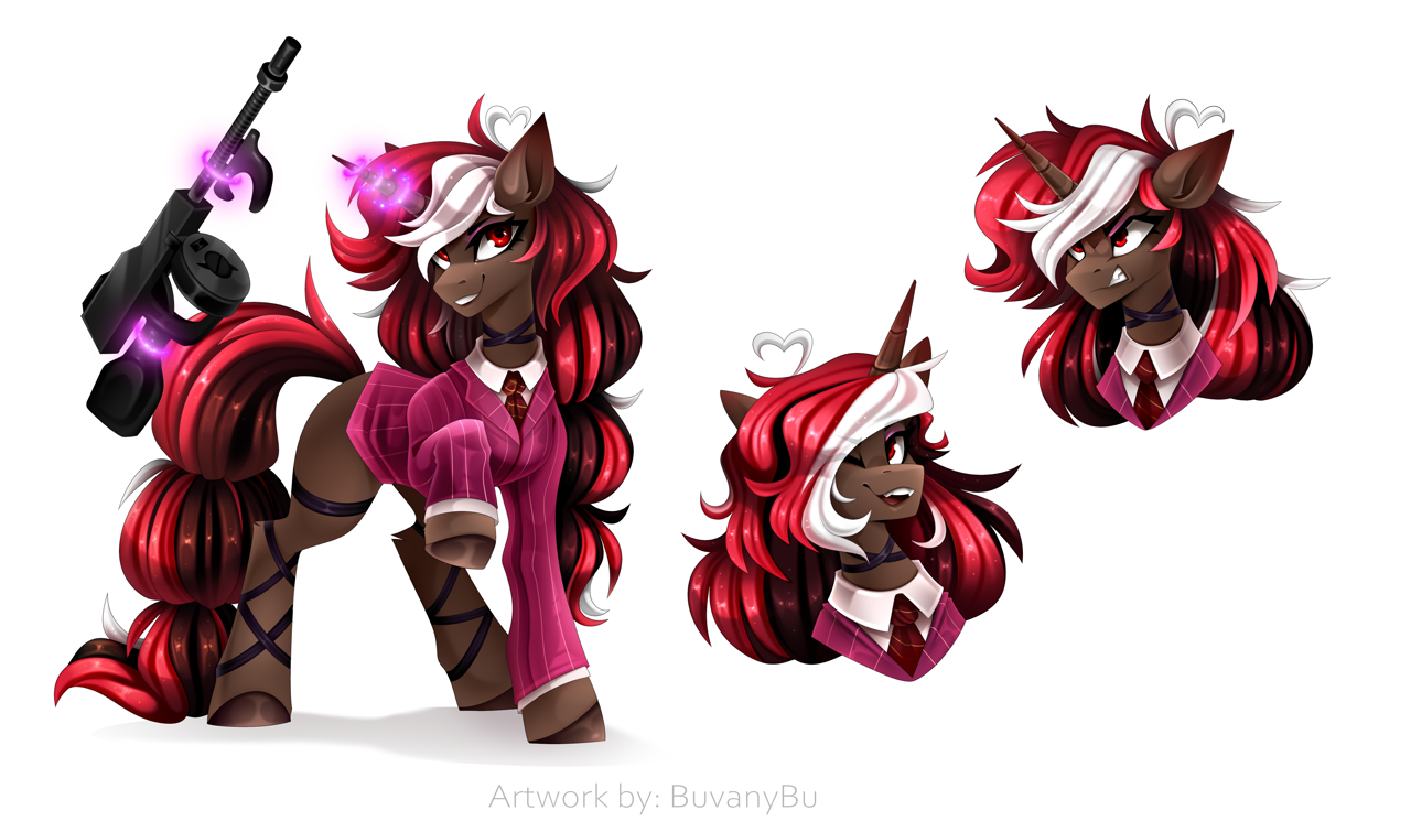 #3332866 - safe, artist:buvanybu, oc, oc only, pony, unicorn, gun, horn, simple background, solo ...