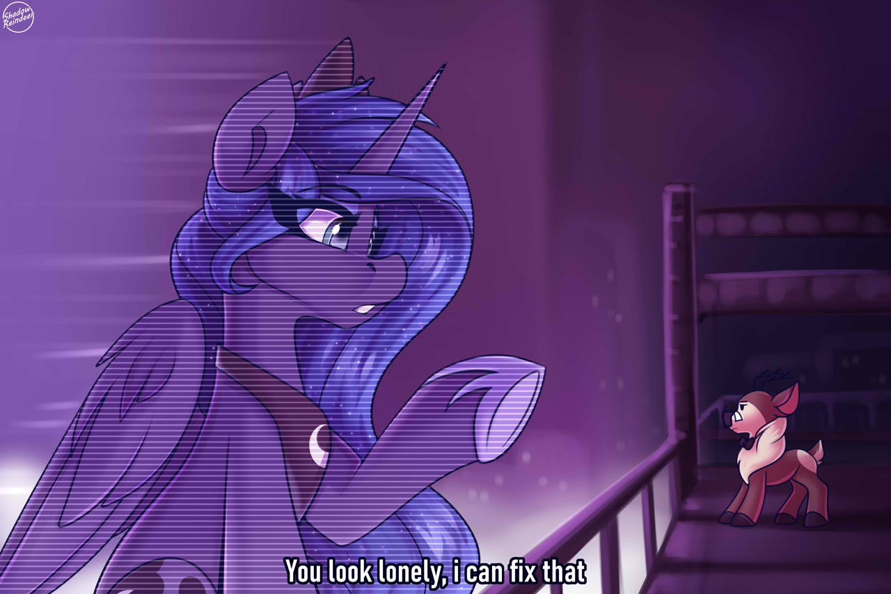 #3351651 - safe, artist:shadowreindeer, princess luna, oc, oc:kevin reindeer, alicorn, deer ...