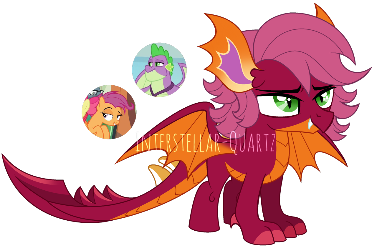 #3351948 - safe, artist:interstellar-quartz, scootaloo, spike, oc, dracony, dragon, hybrid, g4 ...