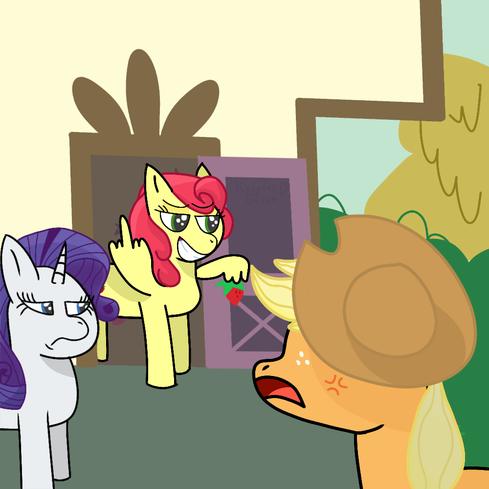 #3353285 - safe, artist:sleeplesseevee, applejack, rarity, strawberry ...