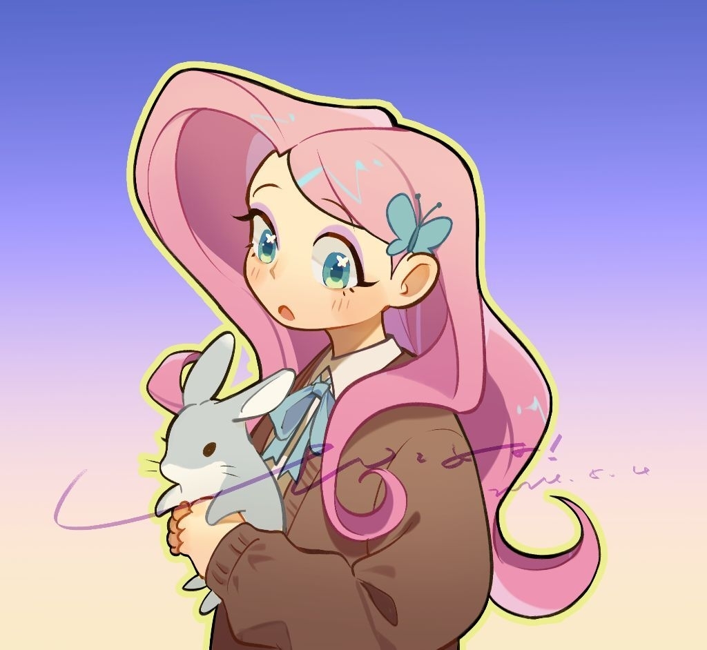 #3363489 - safe, artist:zhou6286, fluttershy, human, rabbit, animal, blushing, gradient ...
