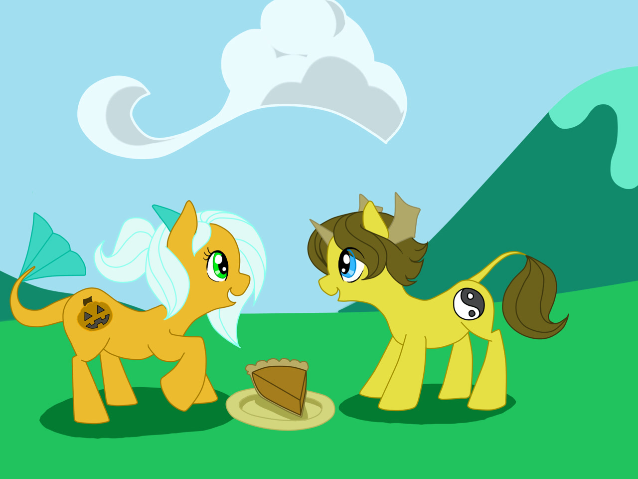 #3367128 - safe, artist:naur, oc, oc only, dracony, dragon, hybrid, kirin, pony, duo, food ...