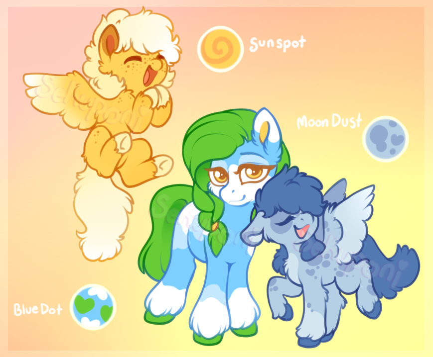 #3356003 - safe, artist:sekuponi, oc, oc only, oc:blue dot, oc:moon dust, oc:sun spot, earth ...