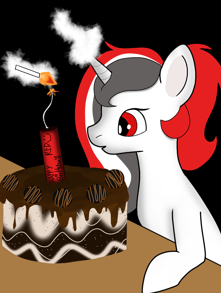 #3371936 - safe, artist:wh189, oc, oc only, oc:red rocket, unicorn, birthday, cake, candle ...