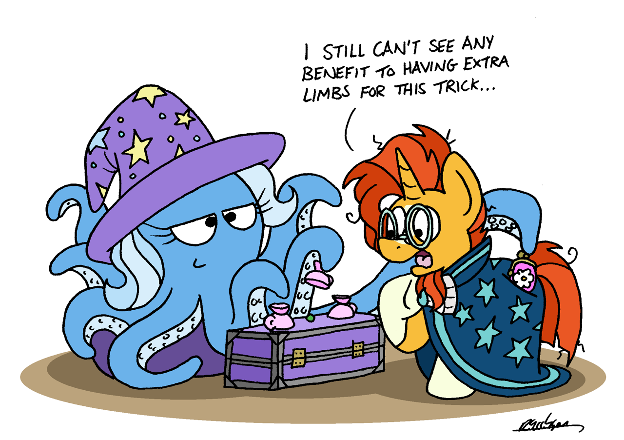 #3385134 - safe, artist:bobthedalek, sunburst, trixie, octopus, pony ...