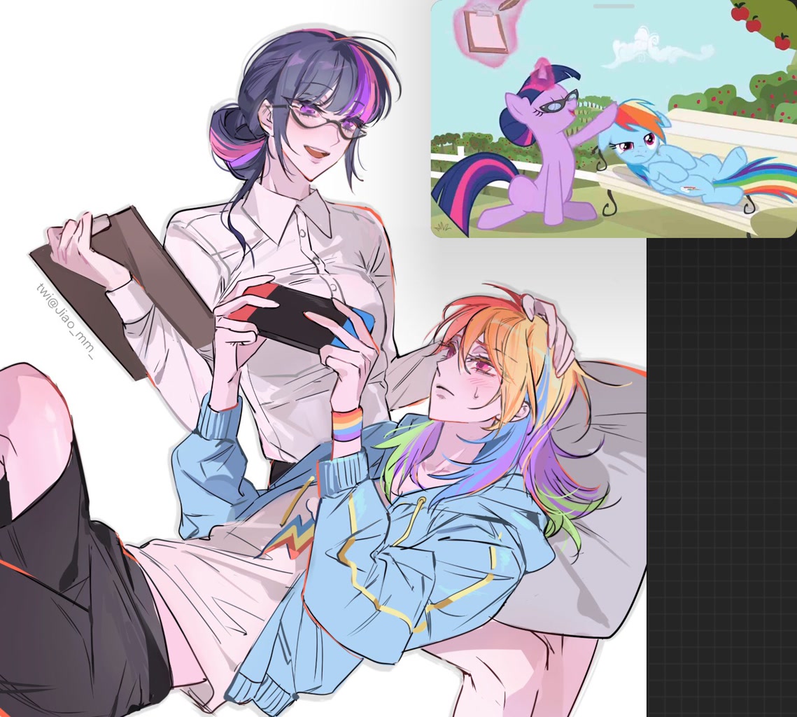 #3403875 - safe, artist:jiao, rainbow dash, twilight sparkle, human, g4, lesson zero, bench ...