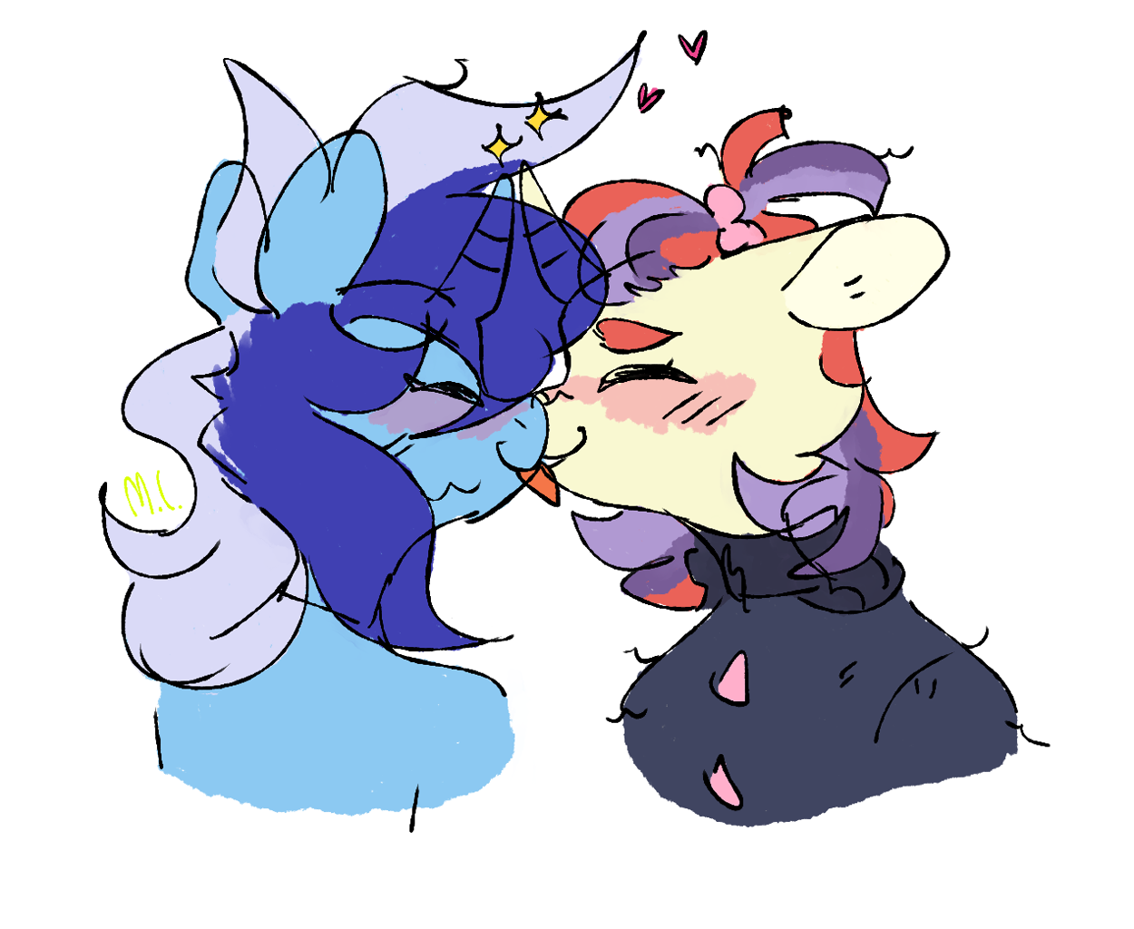 #3404386 - safe, artist:sparjechkaa, minuette, moondancer, bust, eyes closed, female, lesbian ...