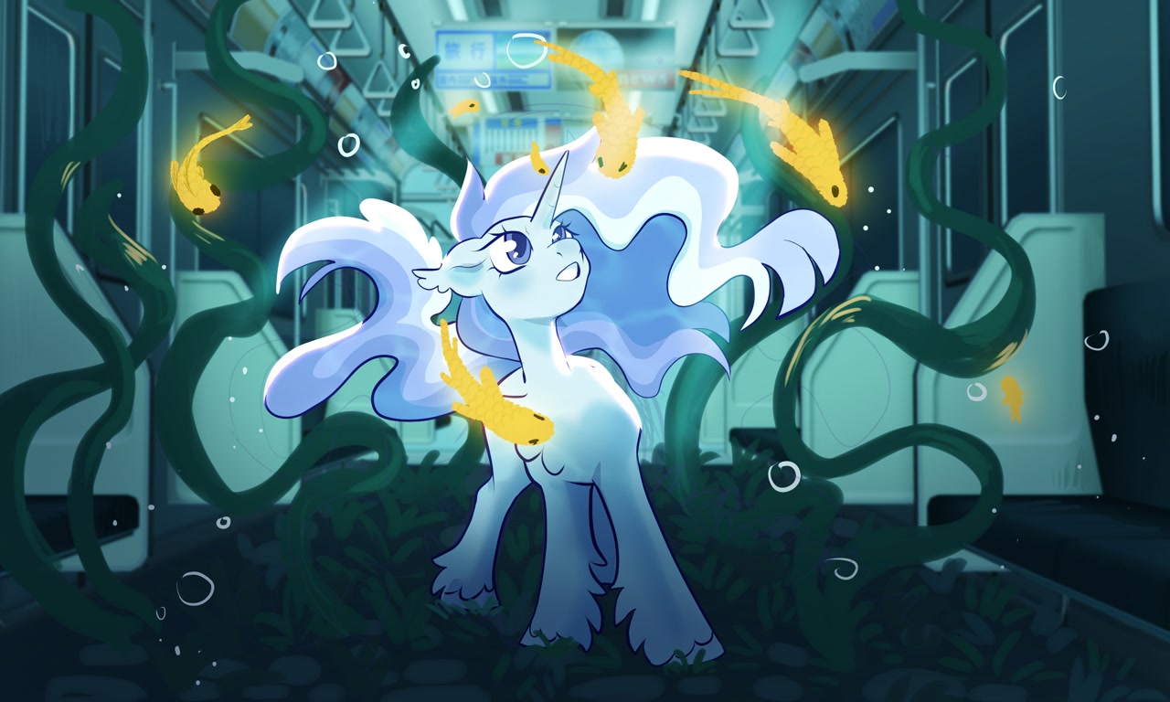 #3407056 - safe, artist:adelfrey, oc, fish, fluffy pony, pony, unicorn ...