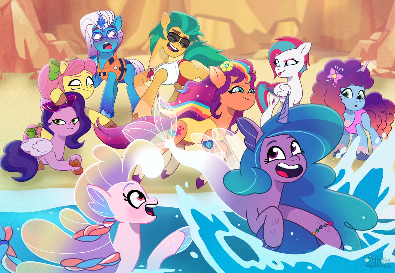 #3396337 - safe, artist:felux, derpibooru exclusive, comet (g5), destiny (g5), hitch trailblazer ...