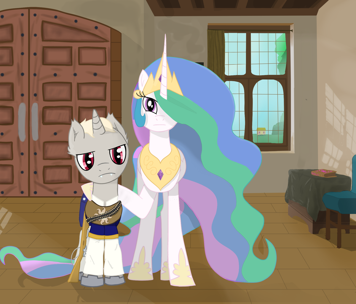 #3397568 - safe, artist:minecake, princess celestia, oc, oc:stone shield, alicorn, undead ...