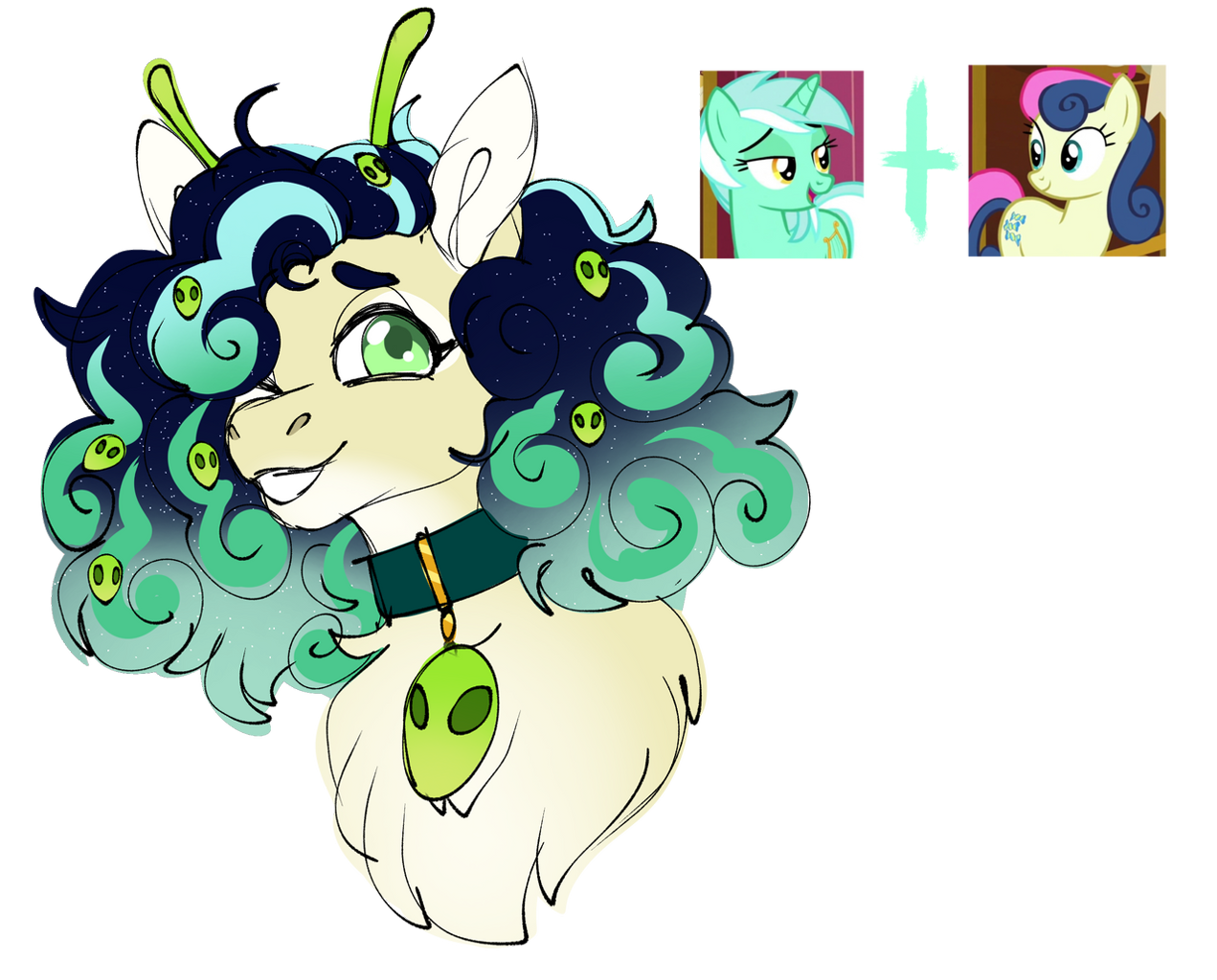 #3446053 - safe, artist:malinraf1615, bon bon, lyra heartstrings, sweetie drops, oc, pony, bust ...