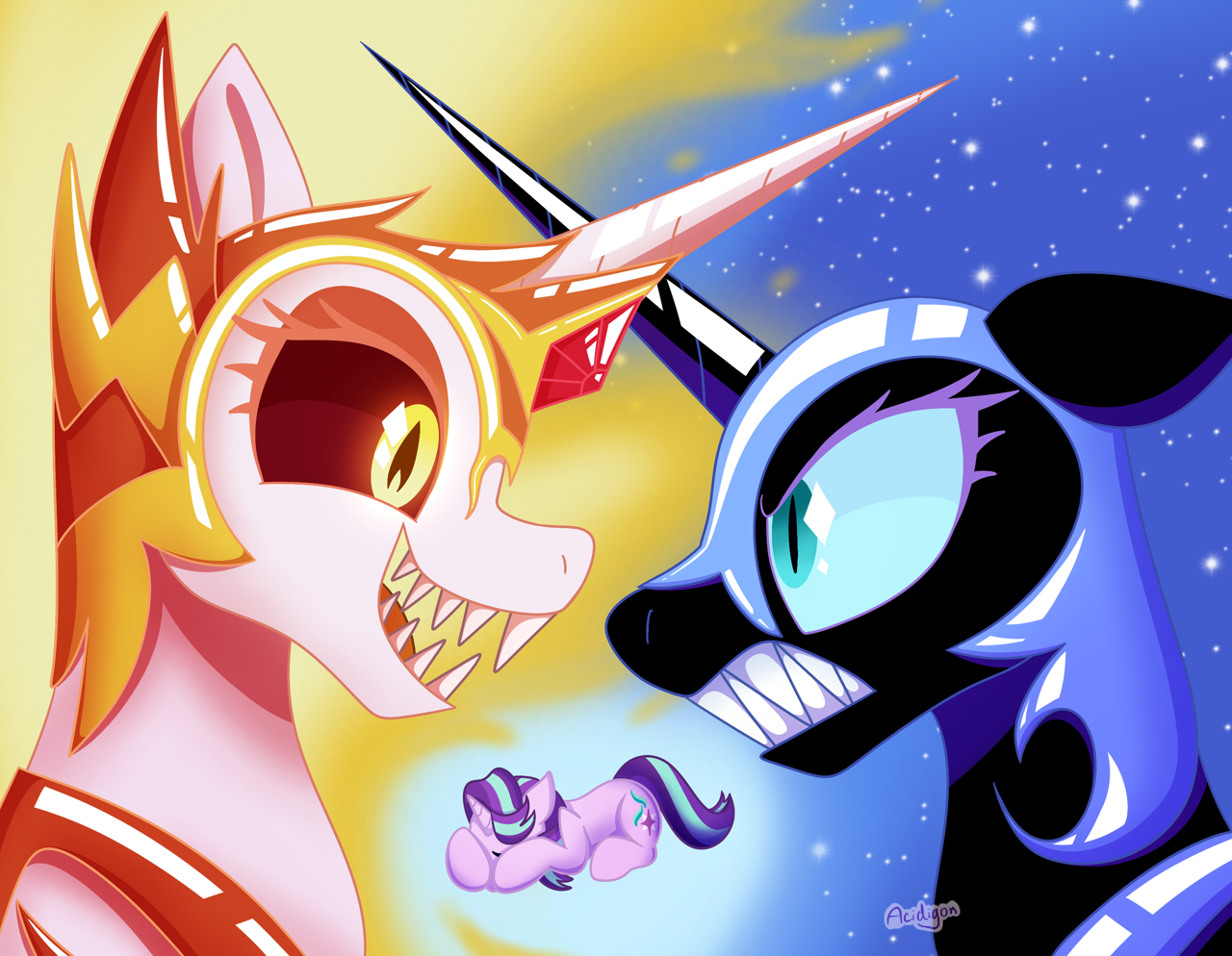 #3536811 - safe, artist:acidigon, daybreaker, nightmare moon, starlight ...