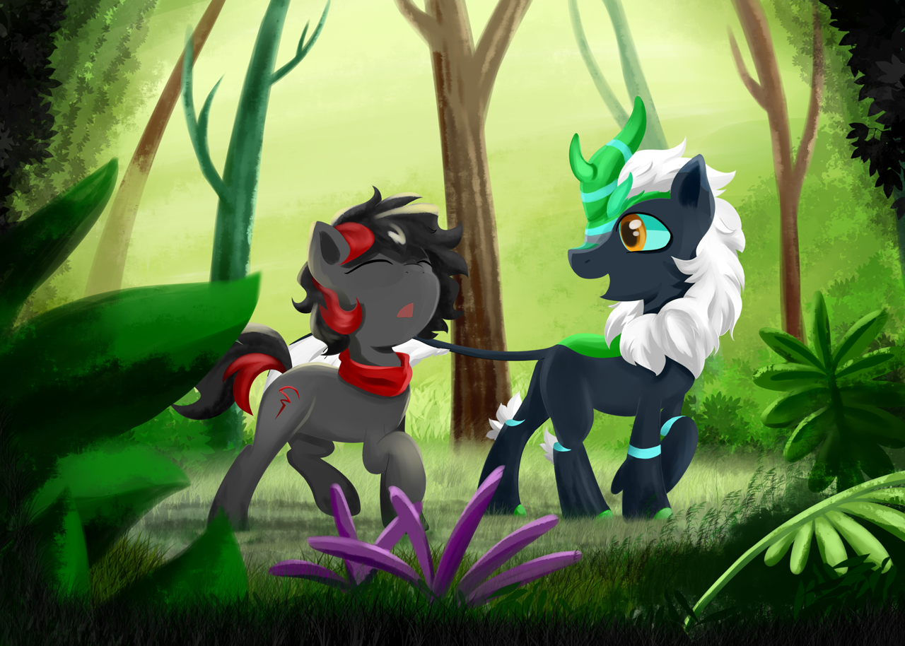 #3537640 - safe, artist:emaobj, oc, oc only, earth pony, kirin, duo, earth pony oc, forest ...