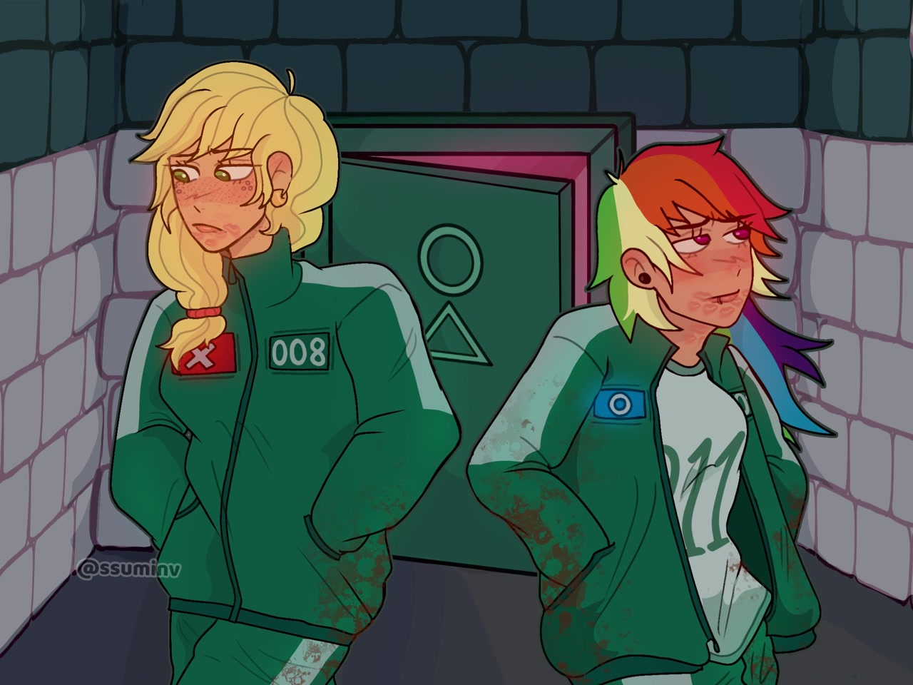 #3521422 - safe, artist:ssuminv, applejack, rainbow dash, human, g4 ...