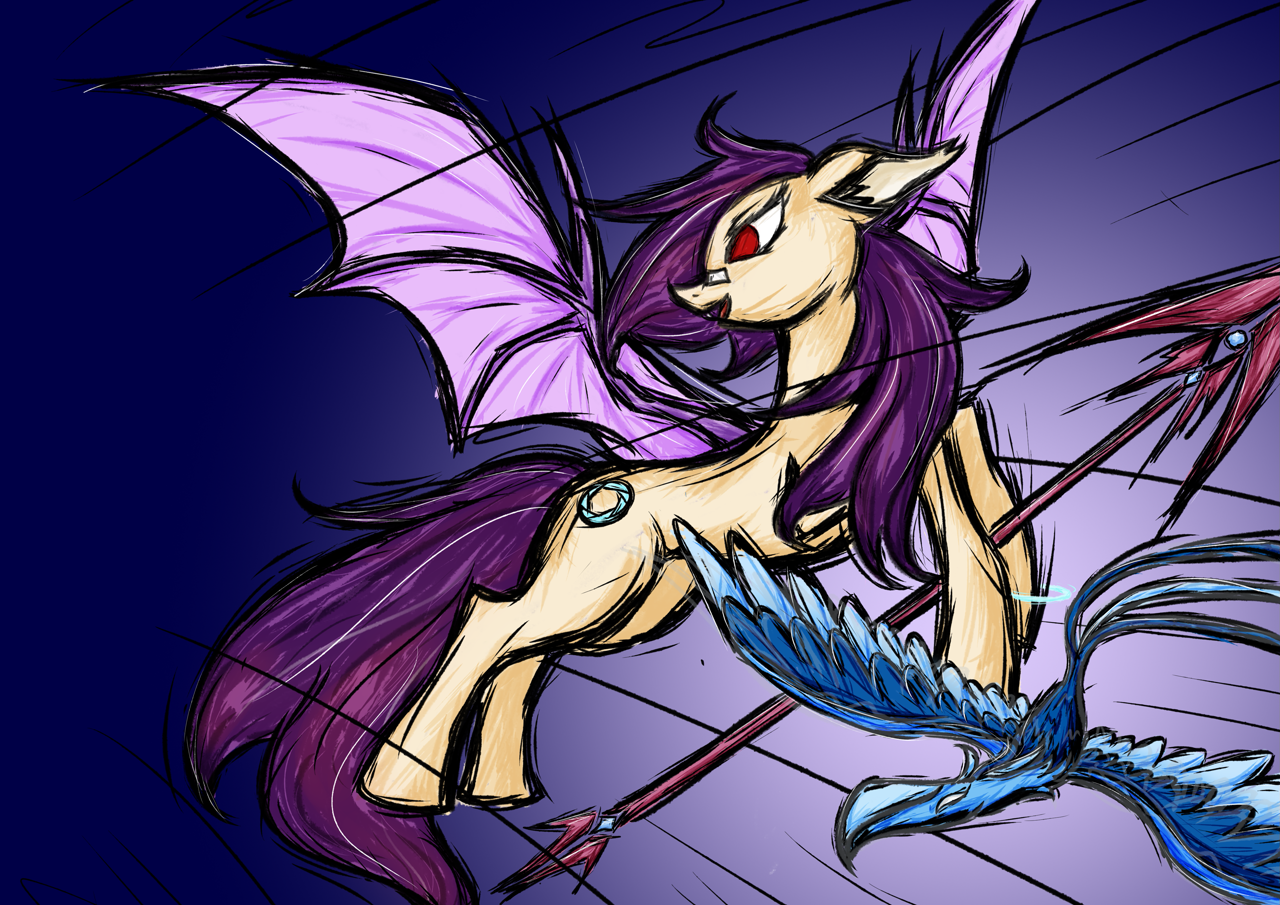 #3550898 - safe, artist:white spider, oc, oc only, oc:sunset cloudy, bat pony, phoenix, fighting ...