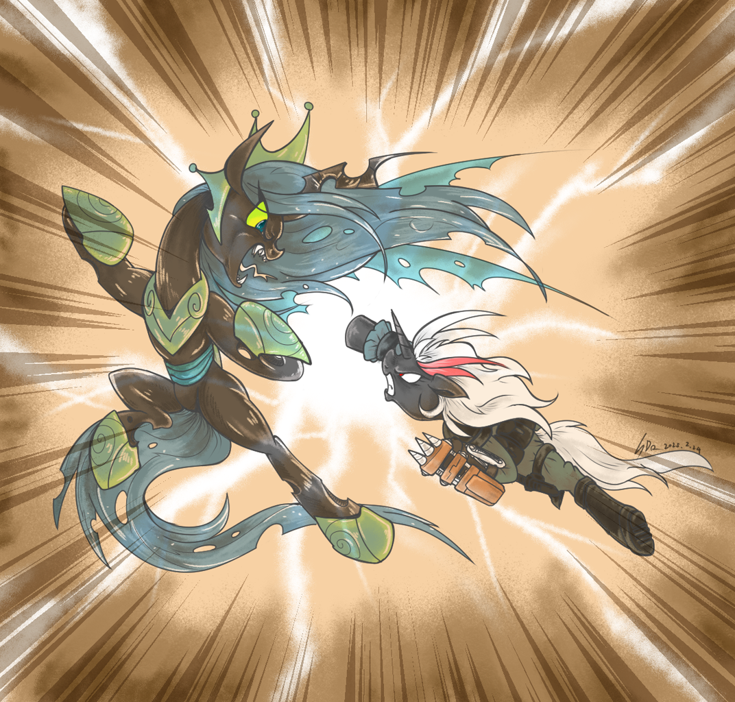 #3554081 - safe, artist:thurder2020, queen chrysalis, oc, oc:deadleaf, changeling, changeling ...