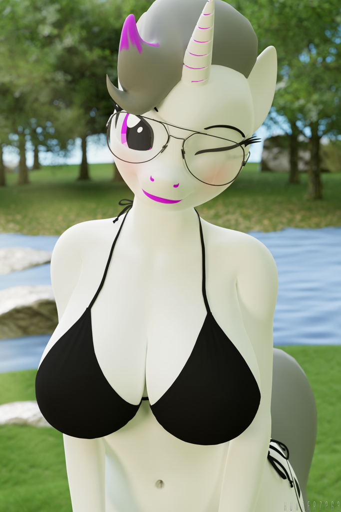 #3543364 - suggestive, artist:hunterz263, oc, oc only, oc:hazel radiate, unicorn, anthro ...