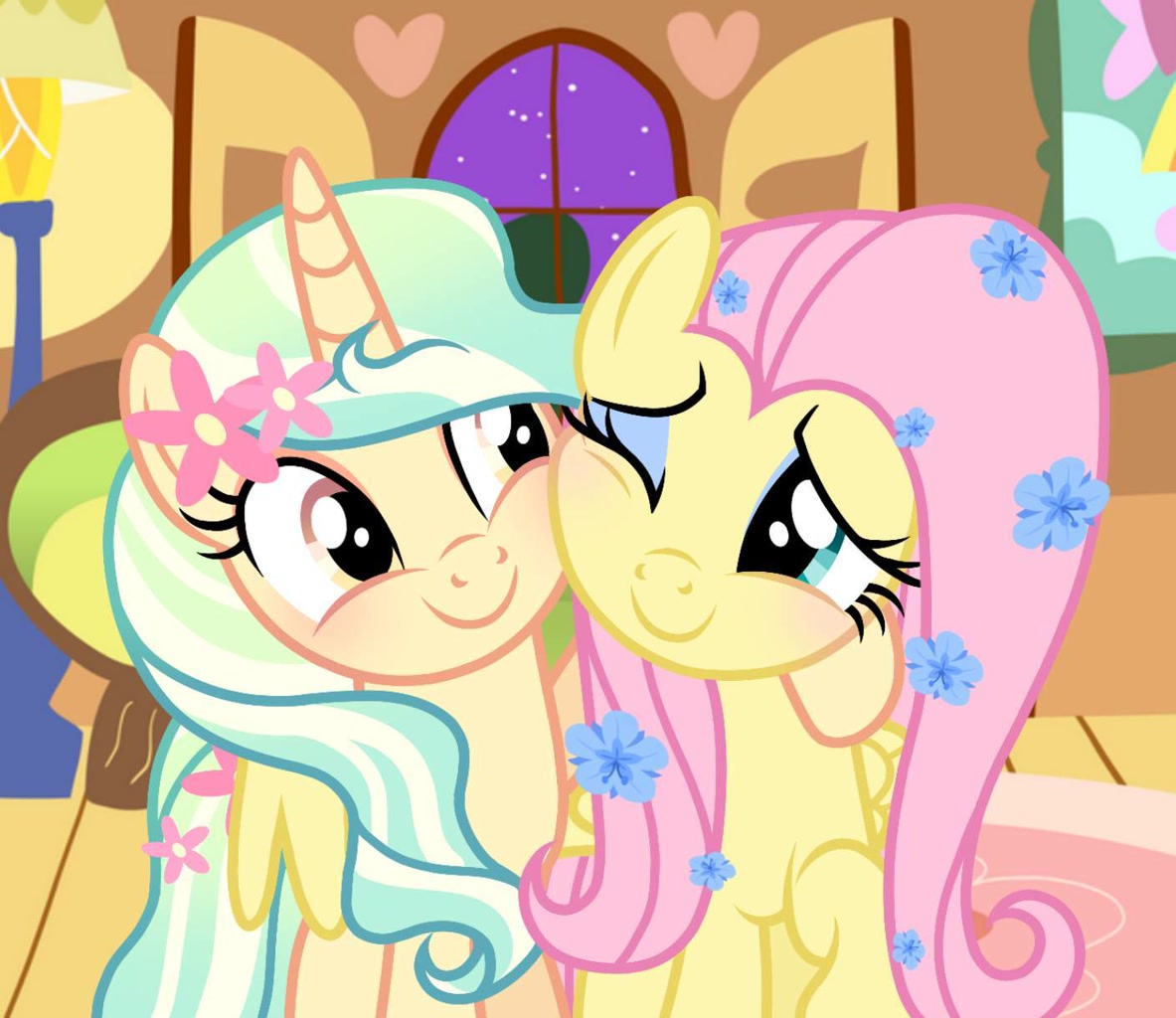 #3545156 - safe, artist:cstrawberrymilk, fluttershy, oc, oc:petunia mist, pony, unicorn, g4 ...