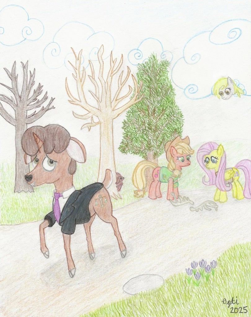 #3570027 - safe, artist:opti, applejack, derpy hooves, fluttershy, oc ...