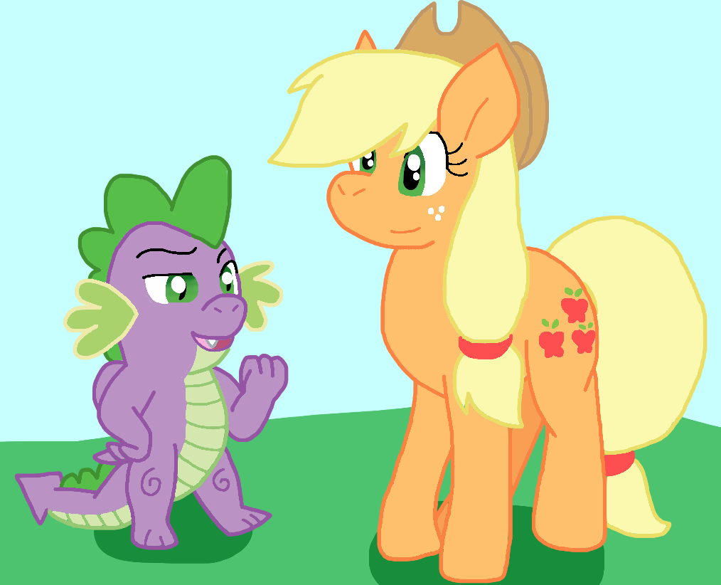 #3570031 - safe, artist:cmara, applejack, spike, dragon, earth pony, pony, g4, applejack's hat ...