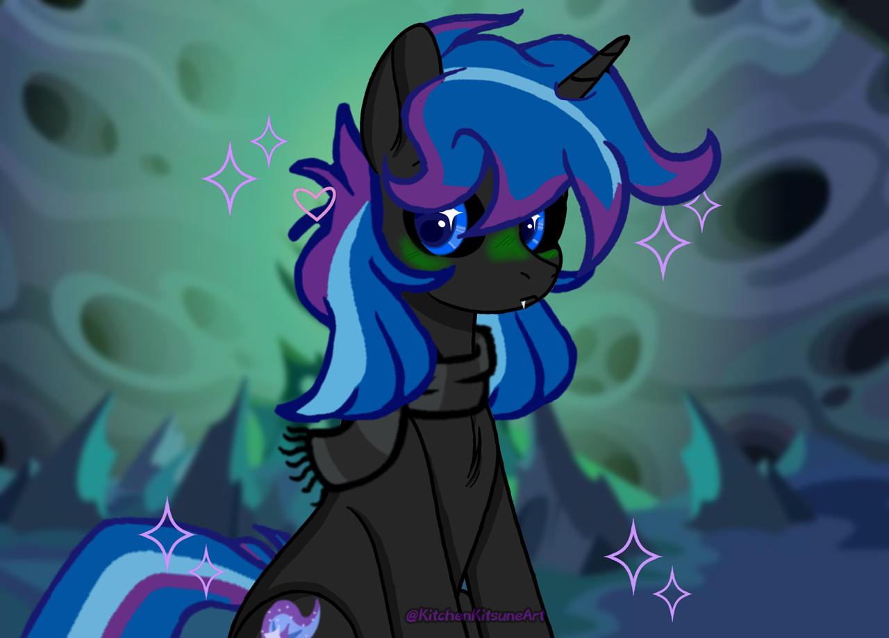 #3571279 - safe, artist:kitchenkitsuneart, oc, oc only, oc:moonshadow, changeling, hybrid, pony ...