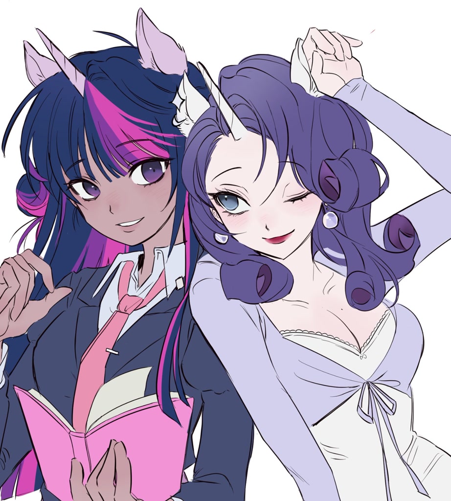 #3573004 - safe, artist:memoji_0708, rarity, twilight sparkle, human, g4, blazer, book, breasts ...