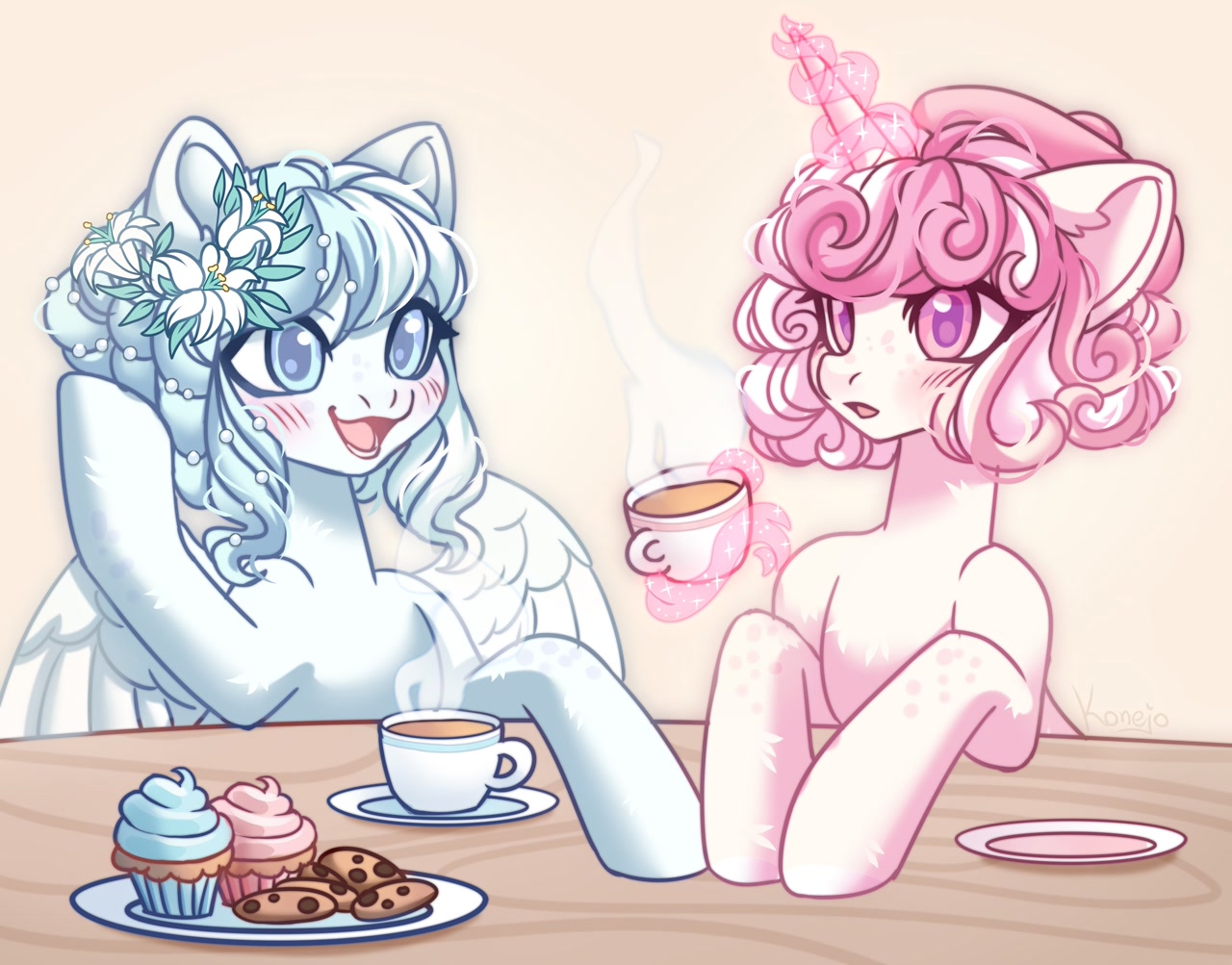 #3575681 - safe, artist:konejo, oc, oc only, pegasus, pony, unicorn, blushing, cake, cup ...