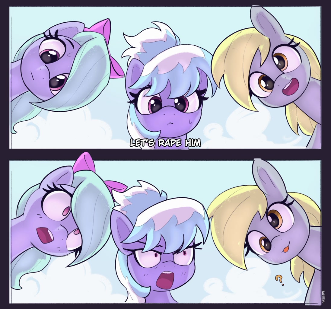 #3575924 - suggestive, artist:pabbley, cloudchaser, derpy hooves, flitter, pegasus, pony, g4, :3,