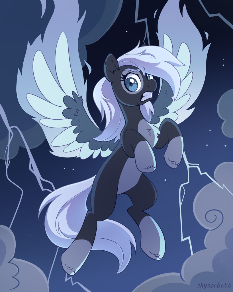 #3576825 - safe, artist:skysorbett, oc, oc only, oc:silver flash, pegasus, pony, angry, cloud ...