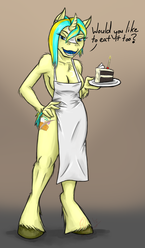 #3559826 - suggestive, artist:bingodingo, oc, oc only, oc:dream baker, unicorn, anthro, apron ...