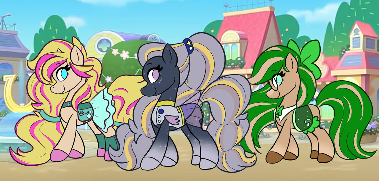 #3560637 - safe, artist:malcat, oc, oc:clover, oc:molly, horse, bow ...