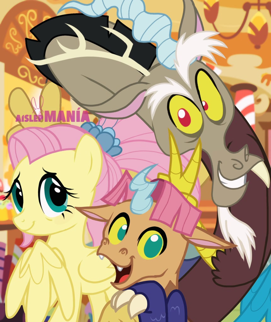 #3577576 - safe, artist:aislep, discord, fluttershy, oc, oc:ramé, draconequus, hybrid, pegasus ...