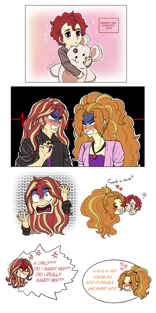 #3578009 - safe, artist:daazzlin, adagio dazzle, sunset shimmer, oc, half-siren, human ...