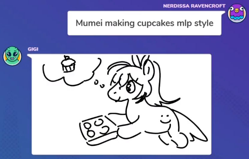 #3585818 - safe, artist:gigi murin, pony, baking, cupcake, doodle, food, gartic phone, hololive ...